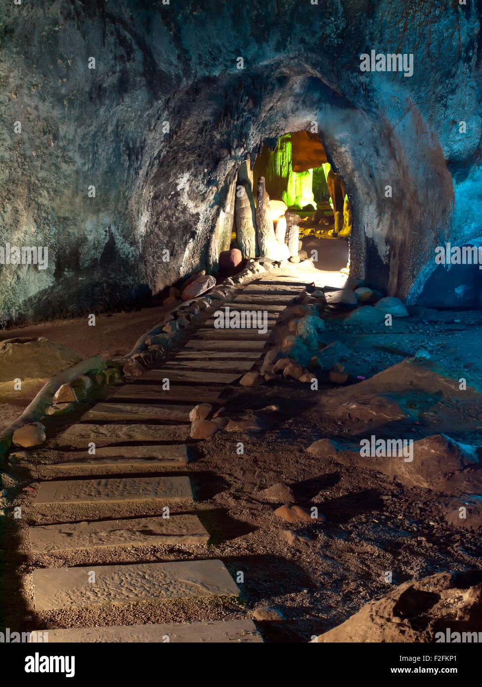 Trail with stone gate in Tham Khao Bin cave, Ratchaburi, Thailand Stock ...