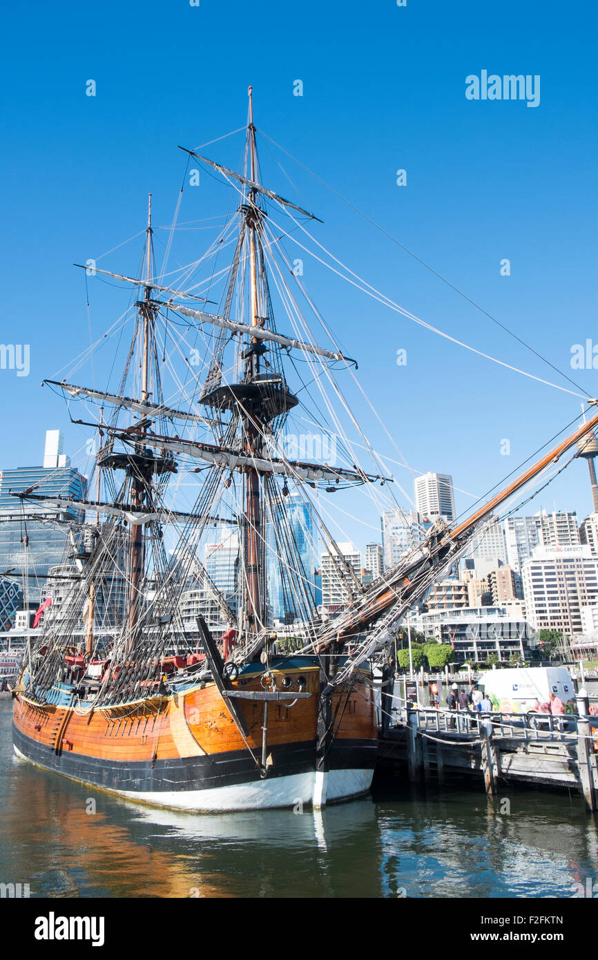 HM Bark Endeavour replica Sydney city centre skyline and cockle bay at ...