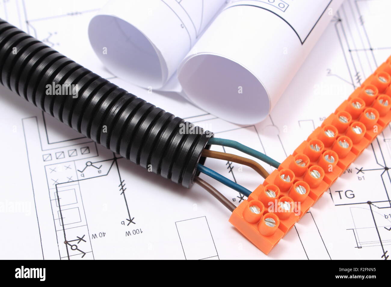 Corrugated pipe, electrical cable with connection cube and rolls of ...