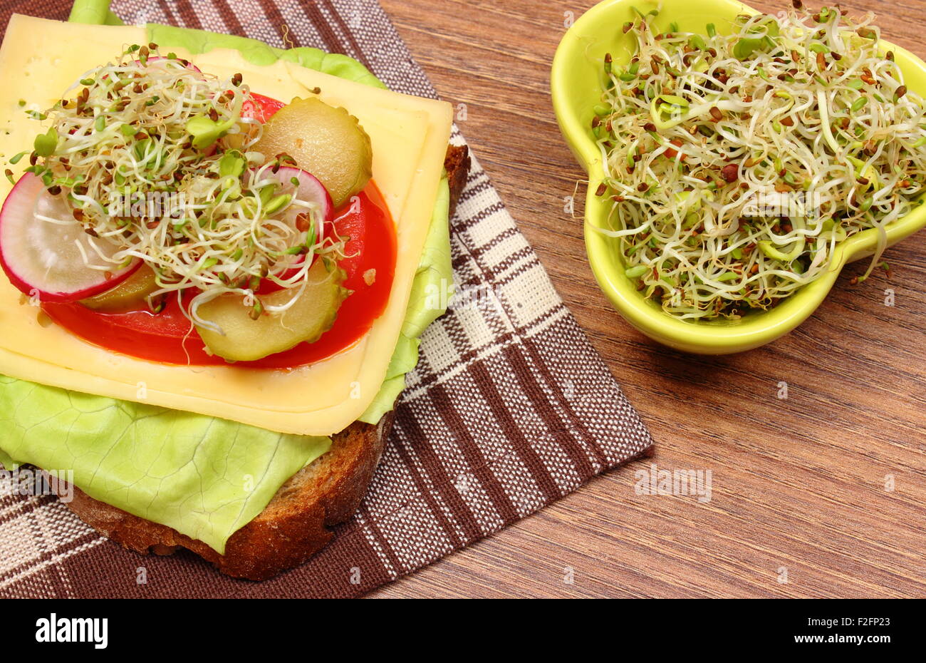 Freshly prepared vegetarian sandwich and green bowl with alfalfa and ...