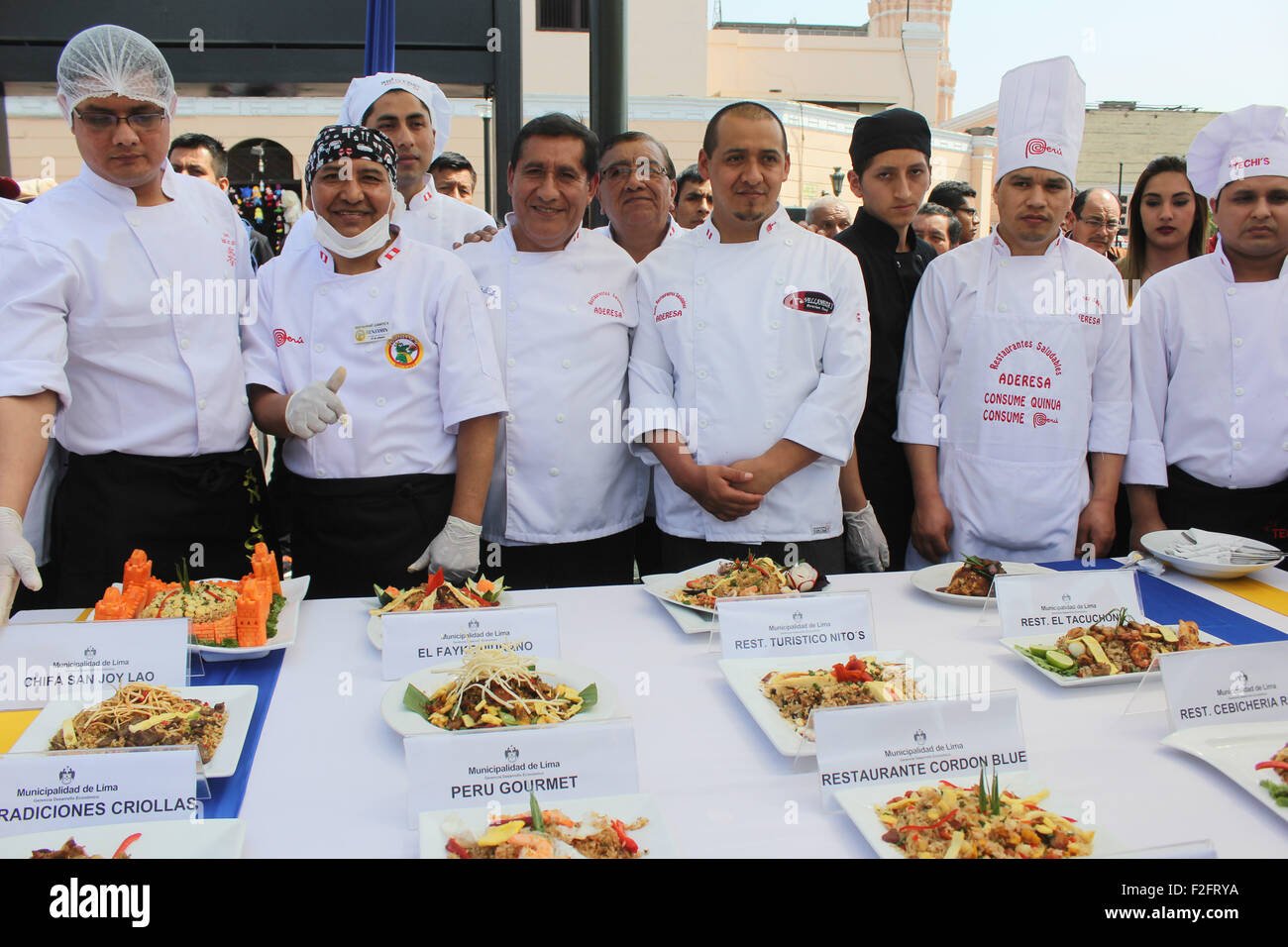 Lima, Peru. 17th Sep, 2015. Chefs pose next to their dishes during the ...