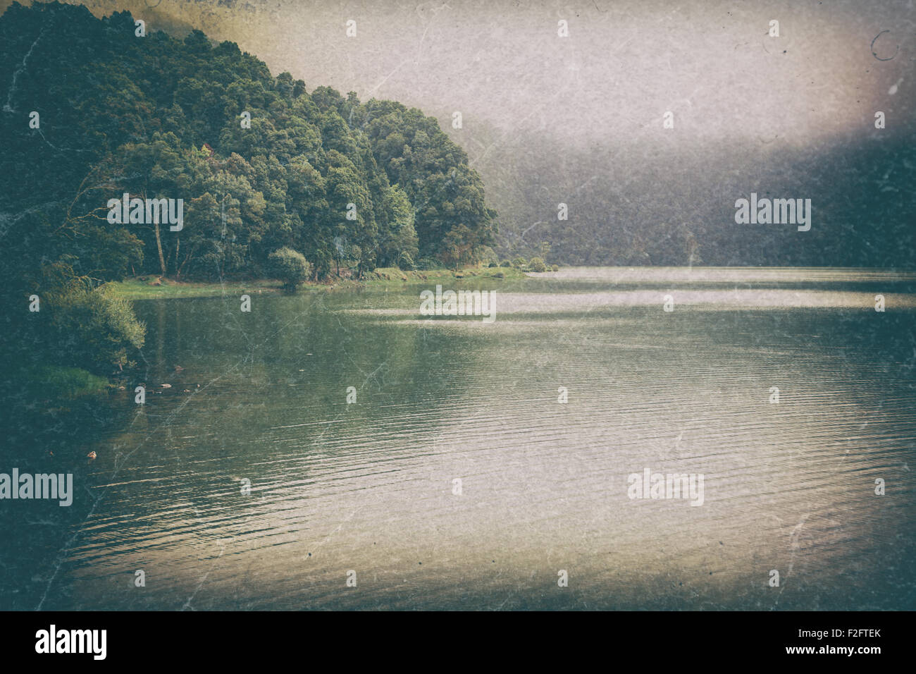 Vintage retro landscape - peaceful lake near foggy forest Stock Photo ...