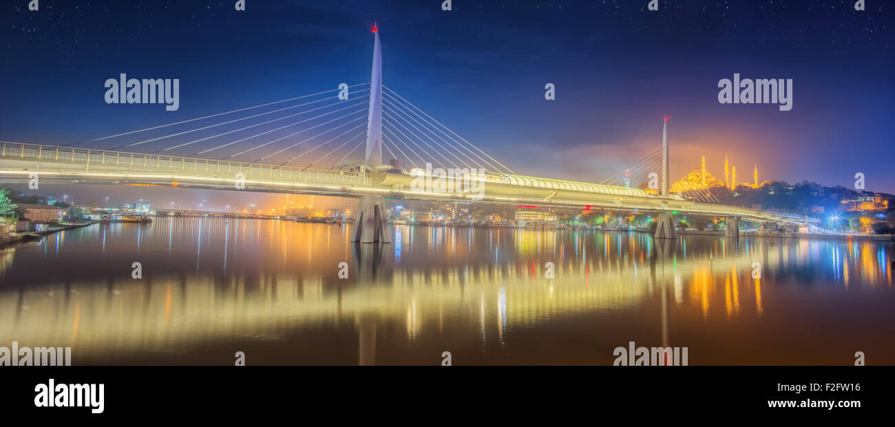 Ataturk bridge, metro bridge and golden horn at night - Istanbul ...