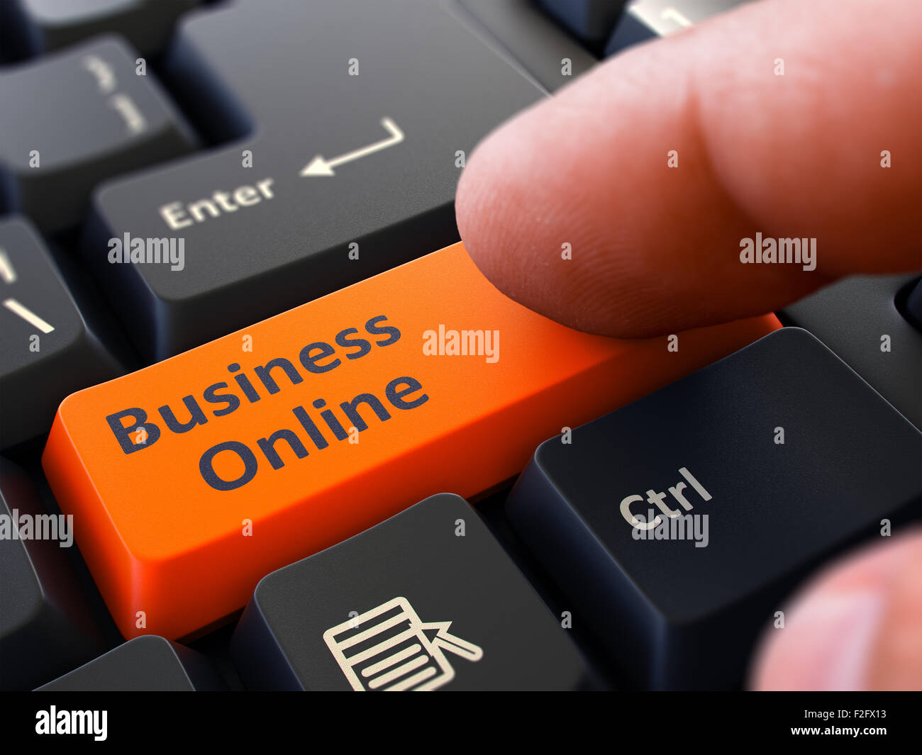 Computer User Presses Orange Button Business Online on Black Keyboard ...