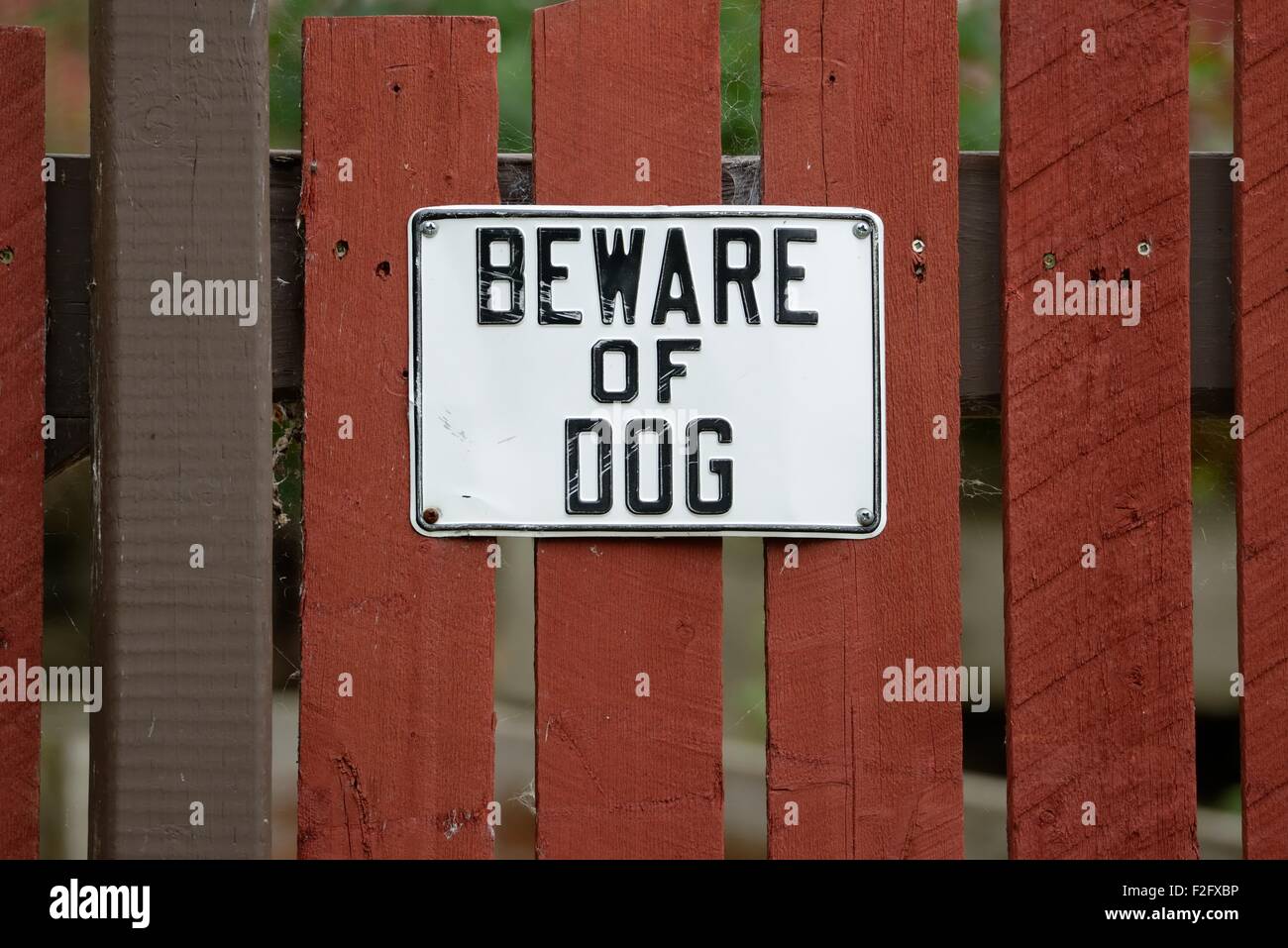 Beware of the dog warning sign on garden gate.in the UK Stock Photo - Alamy
