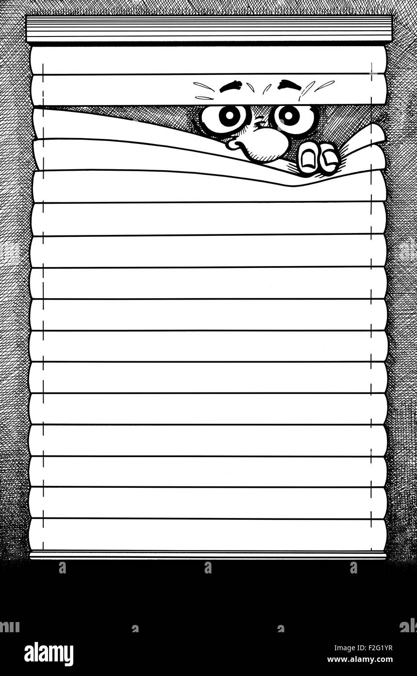black and white hatched illustration showing a comic-styled face ...