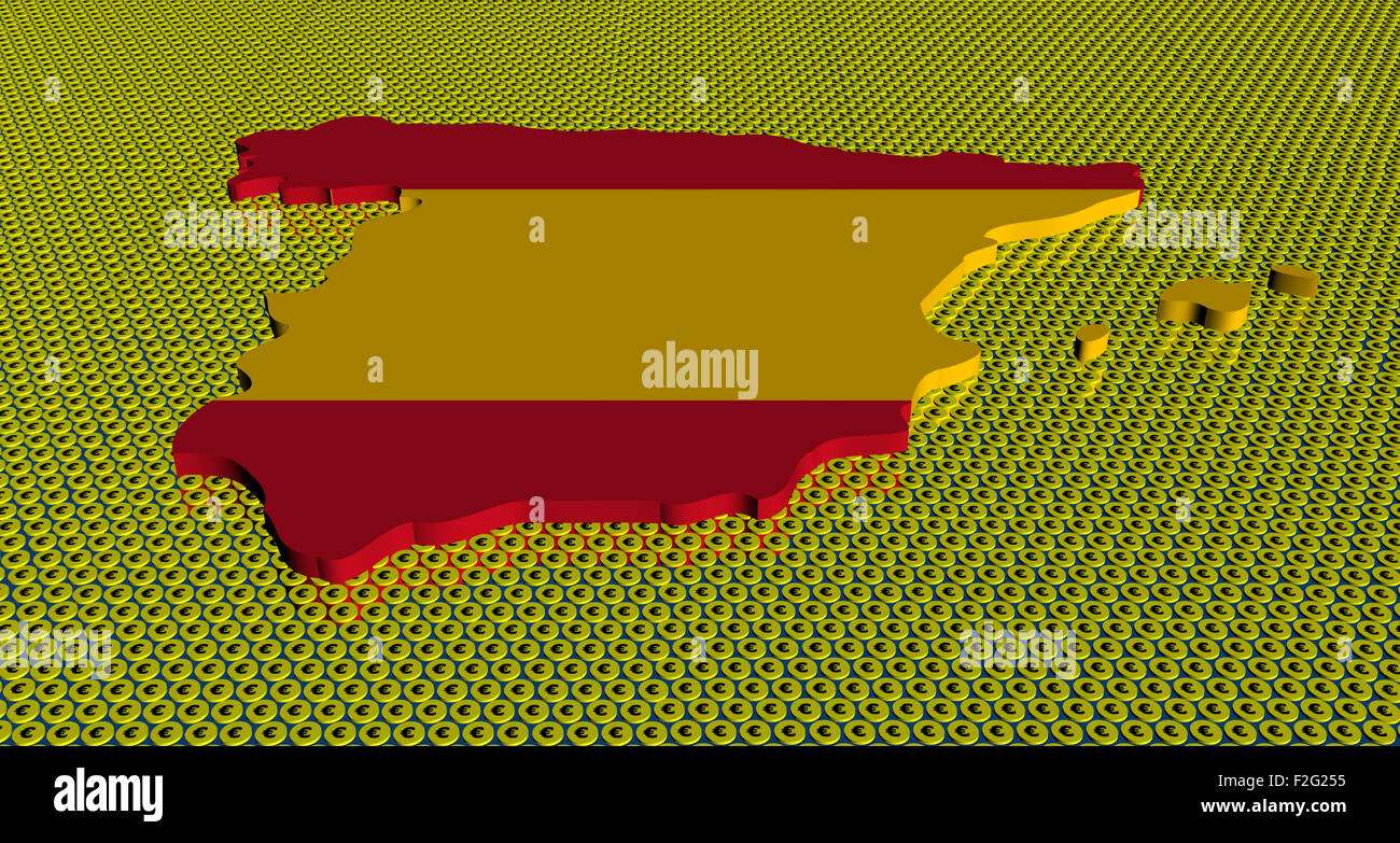 Spain map flag on golden euros coins illustration Stock Photo - Alamy