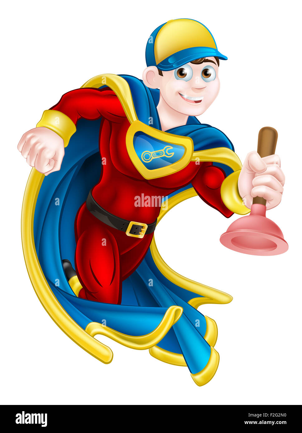 Cartoon janitor or plumber superhero mascot holding a plunger Stock ...