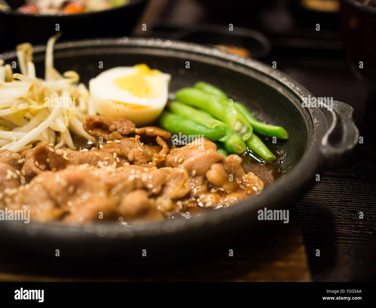 Grill pork on the pan with cowpea, boiled egg, bean sprouts Stock Photo ...