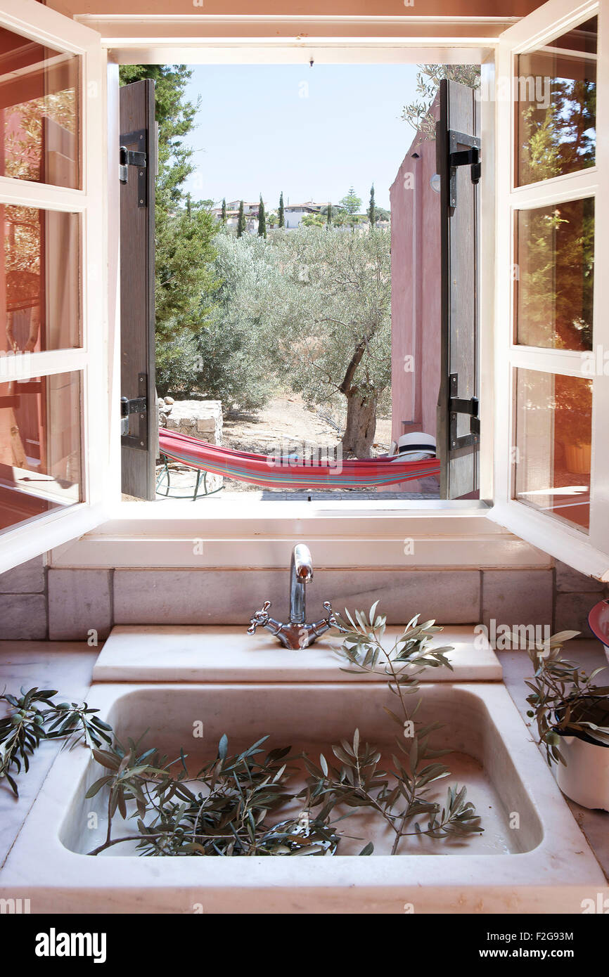 View from open kitchen window Stock Photo - Alamy