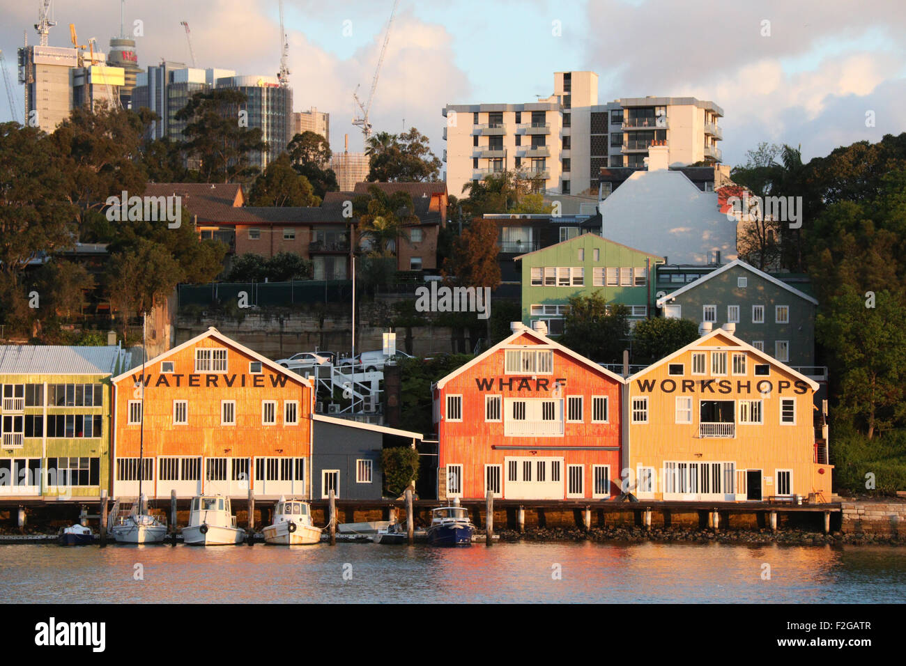 The colourful buildings of the Waterview Wharf Workshops in the Sydney ...