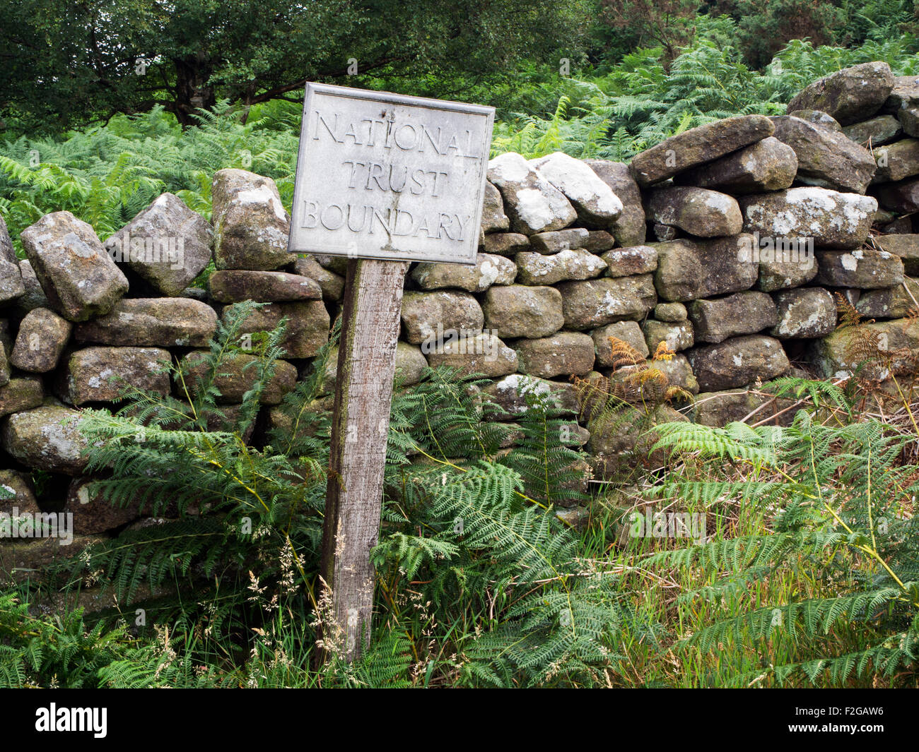 National Trust Boundary Sign at a Dry Stone Wall on Brimham Moor ...