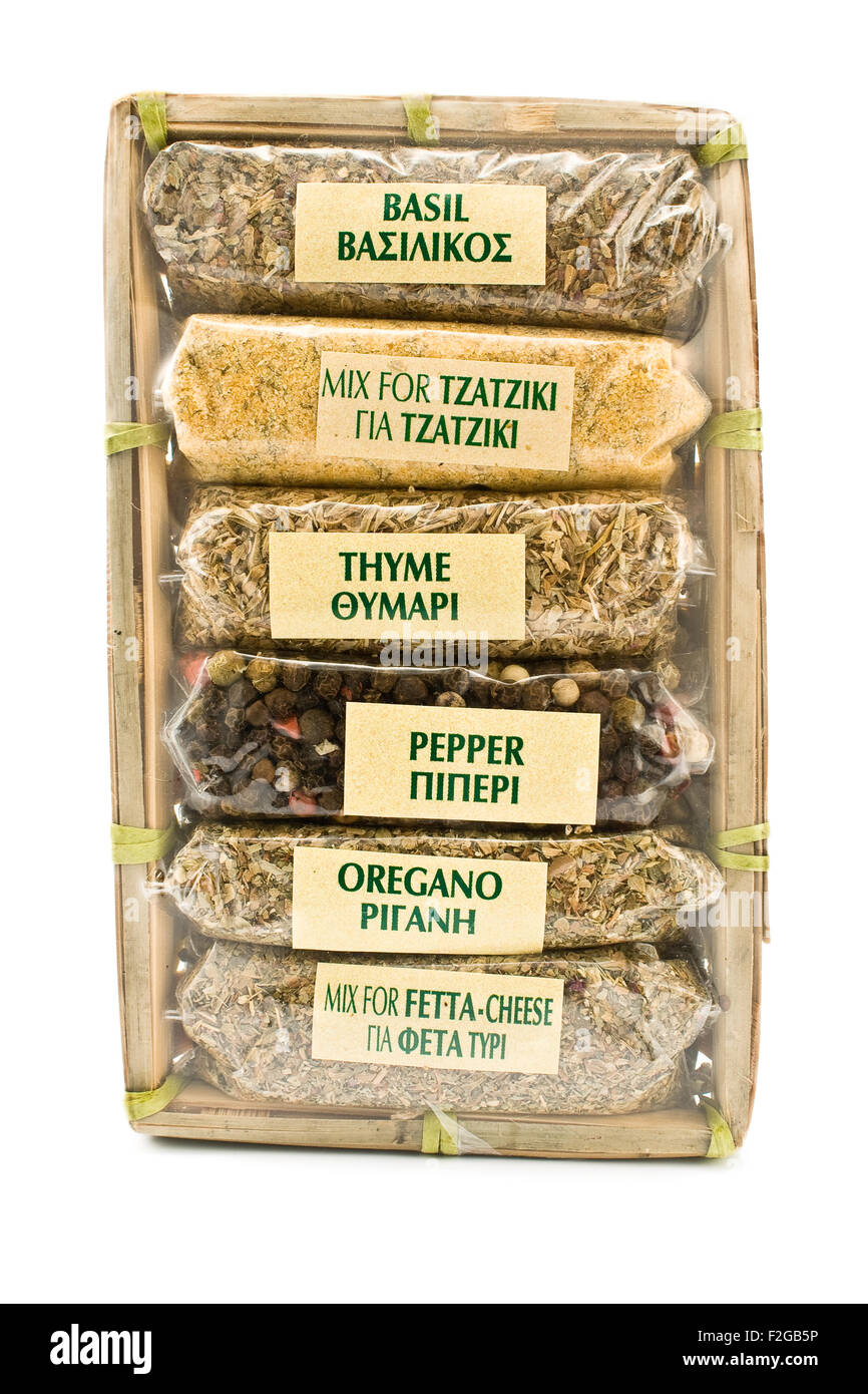 Different spices in cellophane package isolated on white Stock Photo ...