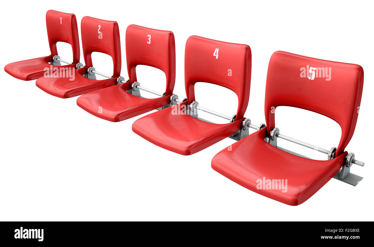 A section of numbered stadium seating with red chairs set in a row on ...