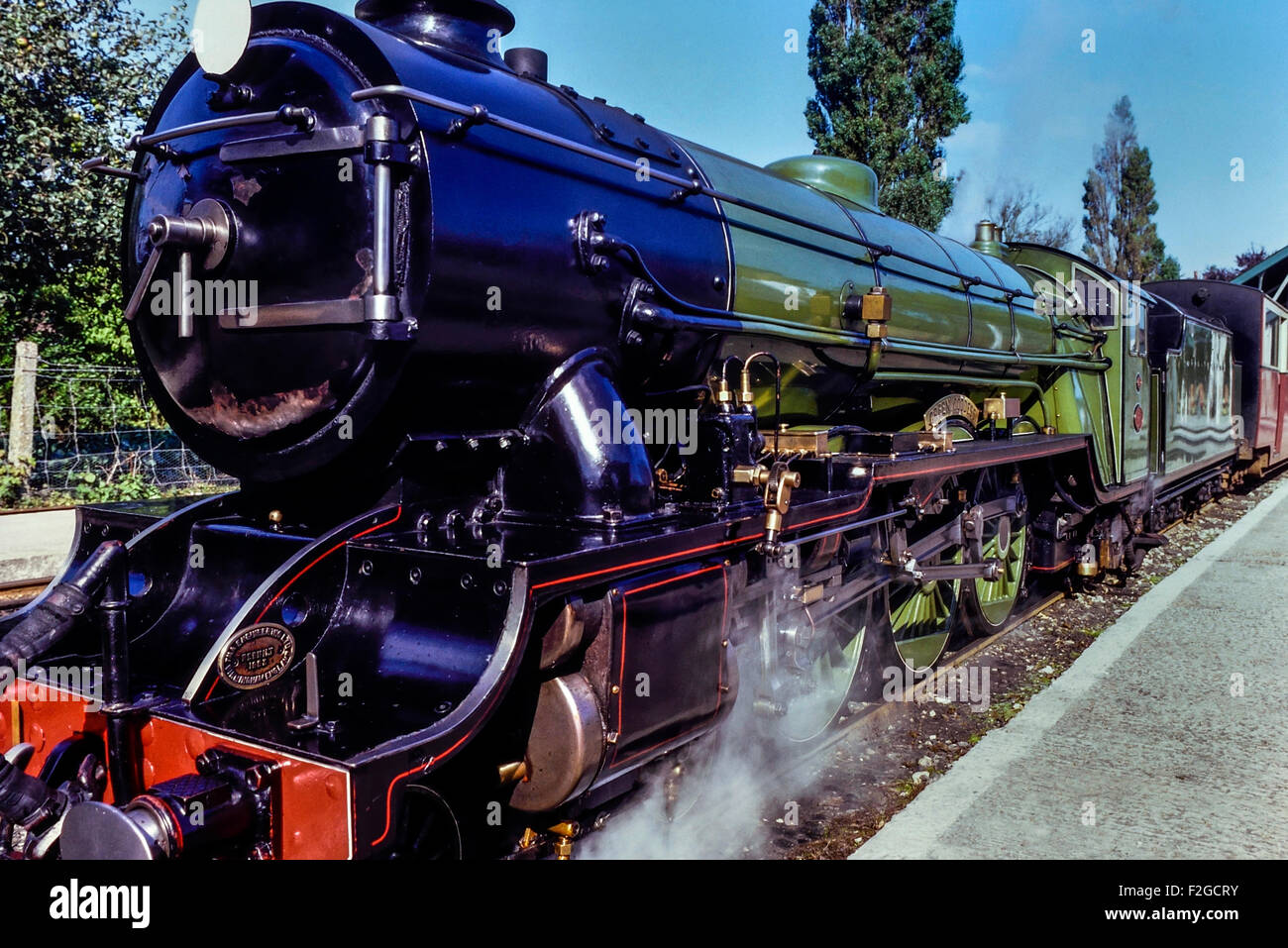 The Green Goddess locomotive. Romney, Hythe and Dymchurch railway. Kent ...