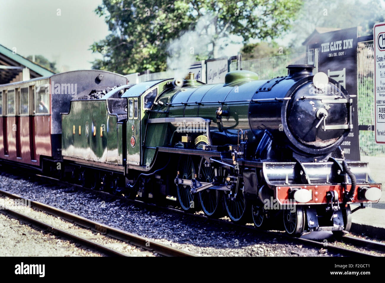 The Green Goddess locomotive. Romney, Hythe and Dymchurch railway. Kent ...
