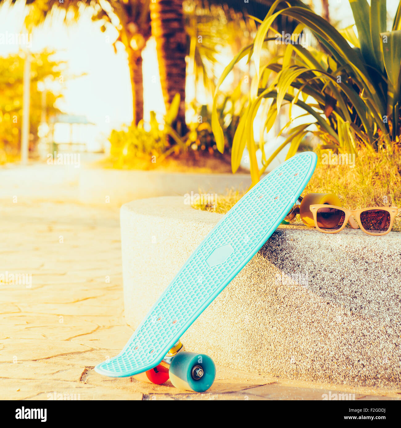 blue penny board with multicolored wheels stands near the track in ...