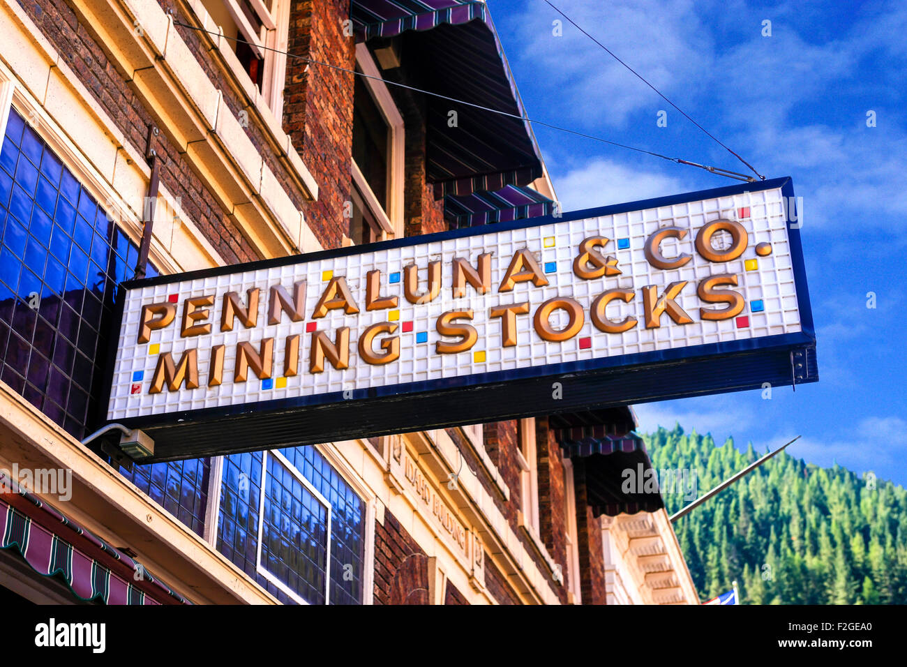 Overhead sign for the Pennaluna & Co Mining Stocks in the historic city ...