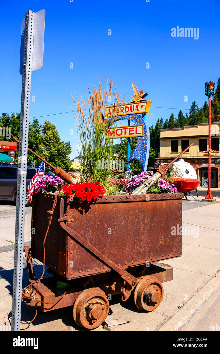 Old disused Silver mining trucks on the sidewalks of the historic city ...