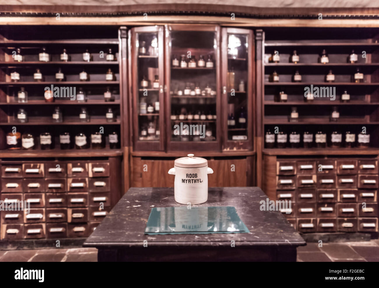 Interior the ancient pharmacy, furniture with drugs Stock Photo - Alamy