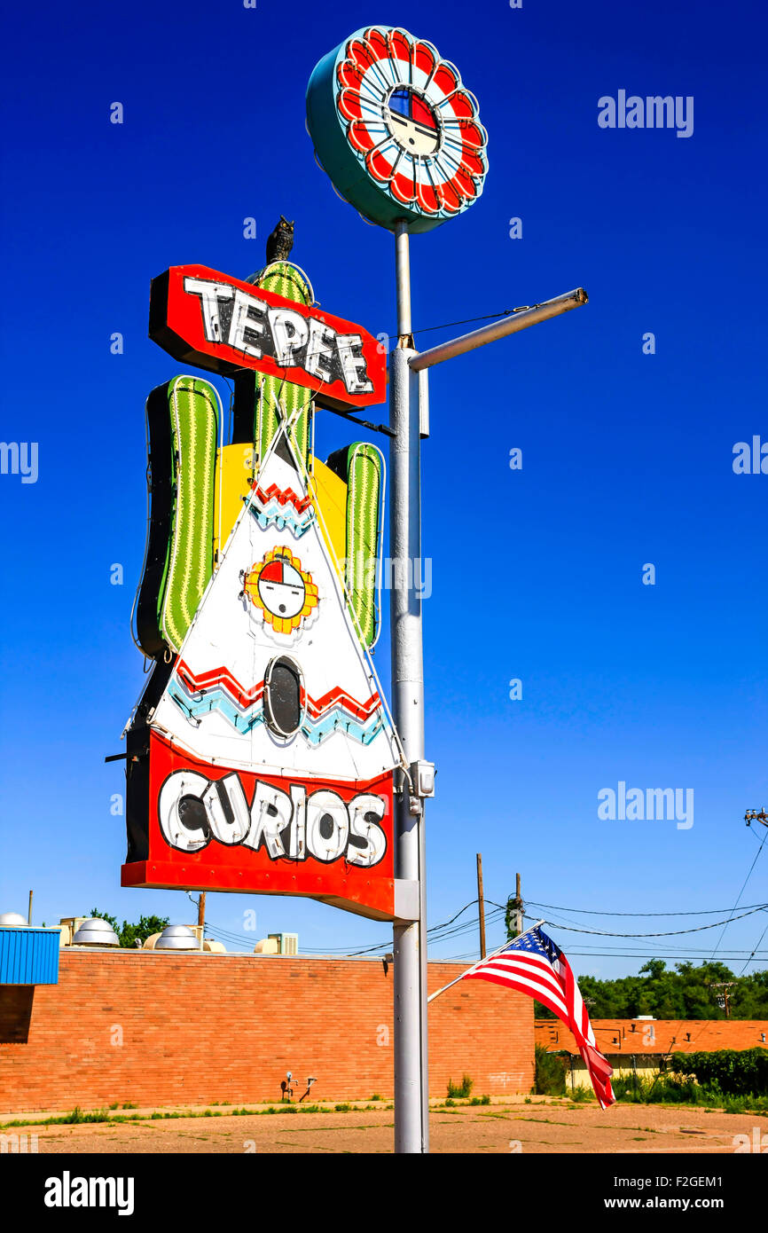 The Tee Pee Curios store overhead street sign in Tucumcari on Rte 66 in ...