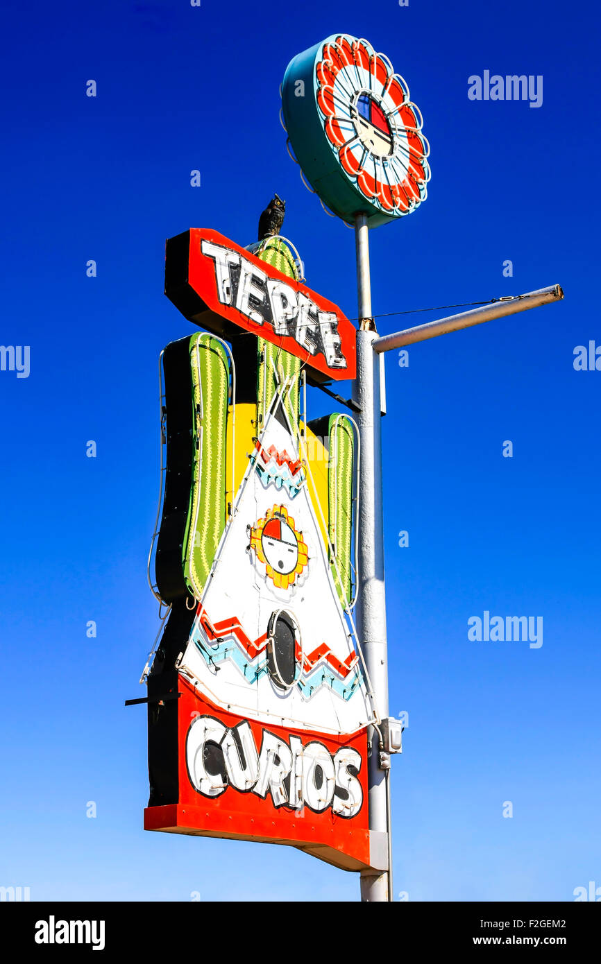 The Tee Pee Curios store overhead street sign in Tucumcari on Rte 66 in ...