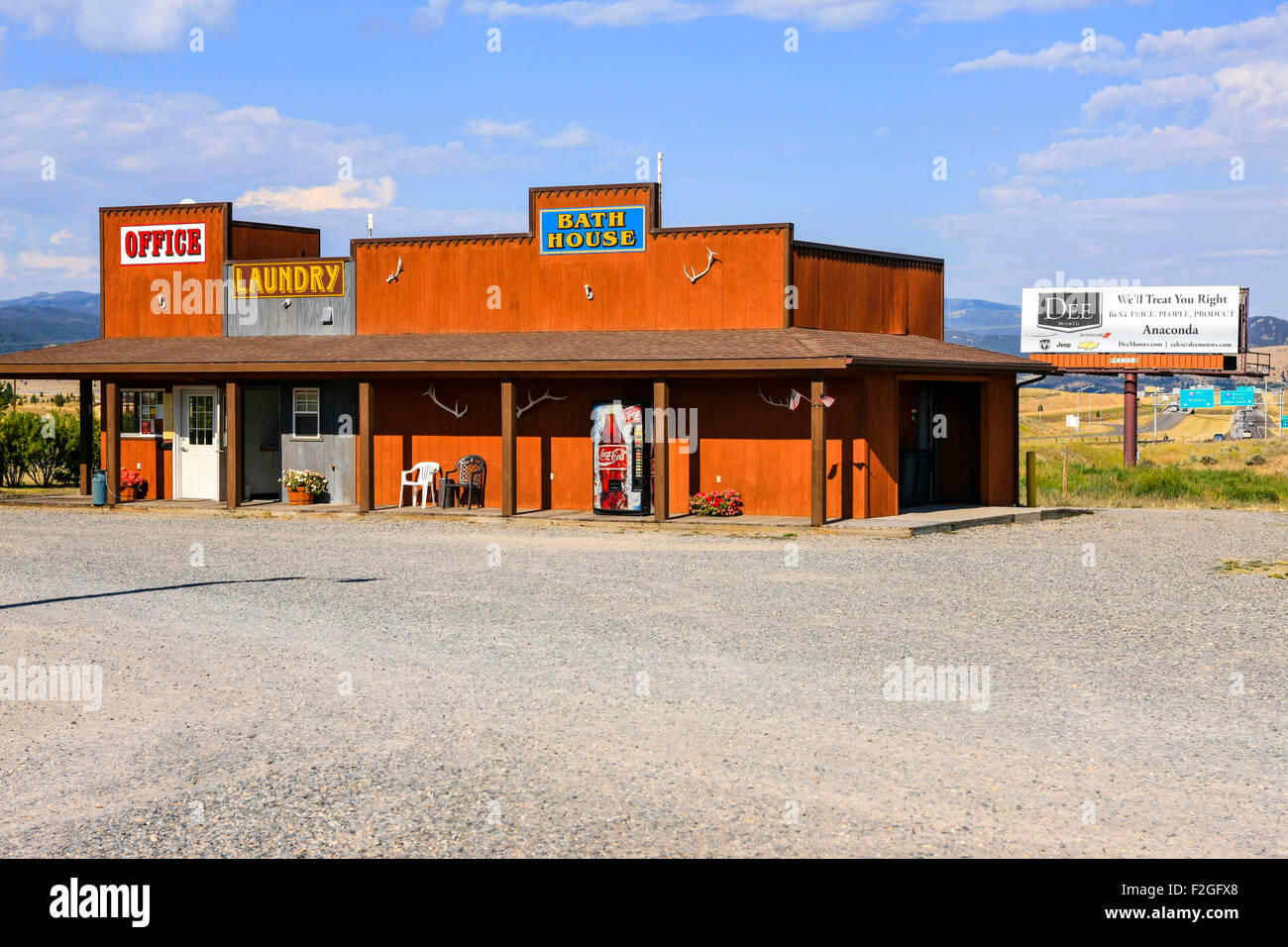 Old Wild West style RV campsite Office and bath house in rural Montana ...