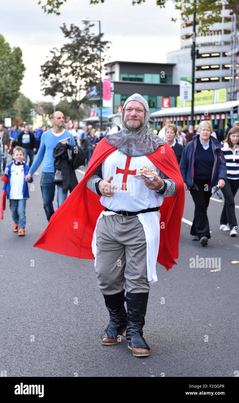 England supporter in knights crusader dress arriving for the kick off ...