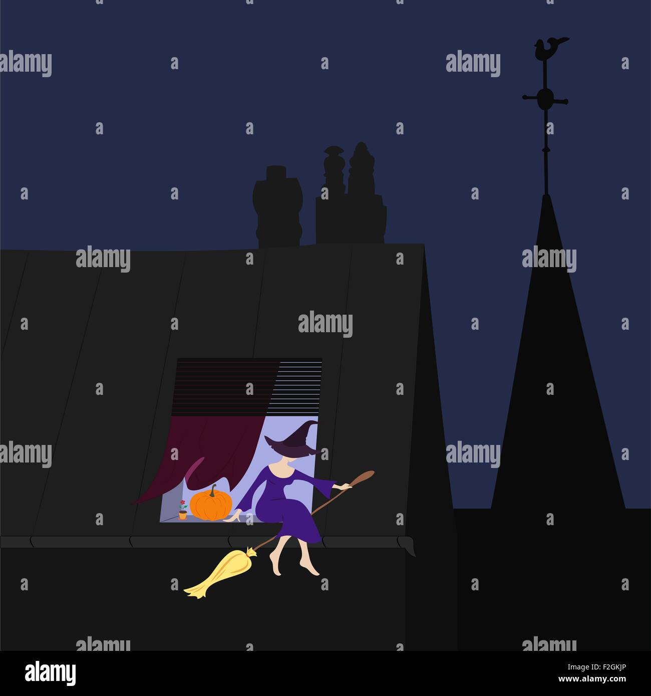 Young witch on the window sill. Art vector illustration for you ...