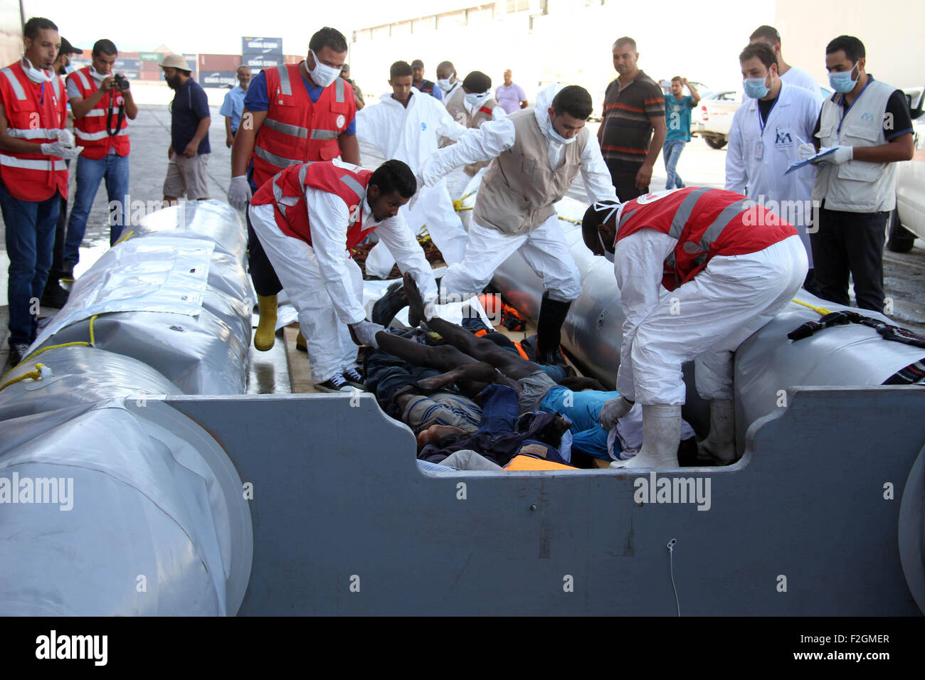 Tripoli, Libya. 18th Sep, 2015. Members of the Libyan Red Crescent ...
