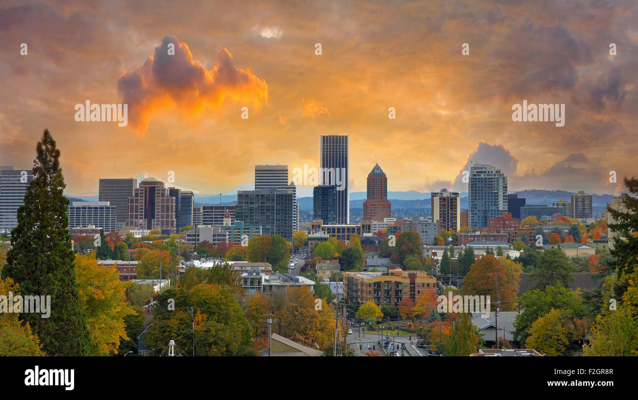 Portland Oregon Downtown City During Sunset in the Fall Season Stock ...
