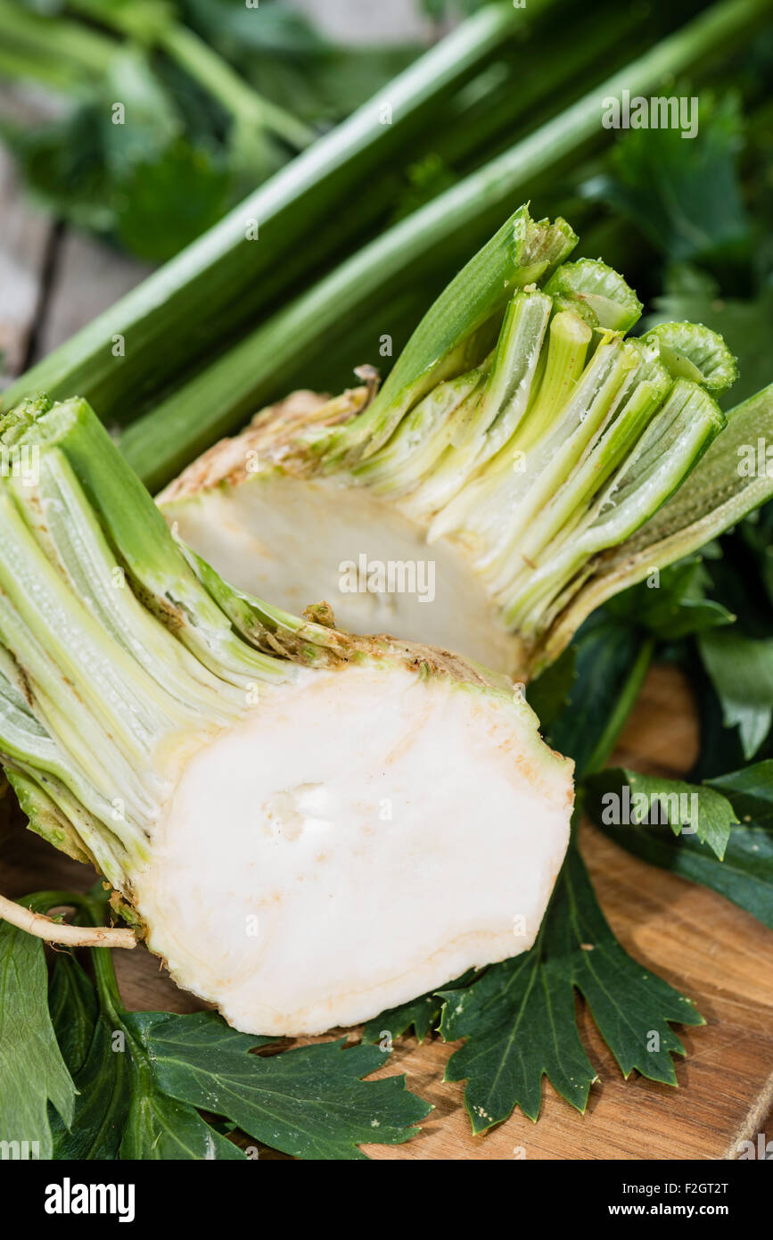 Portion of fresh Celeriac on wooden background (detailed close-up shot ...