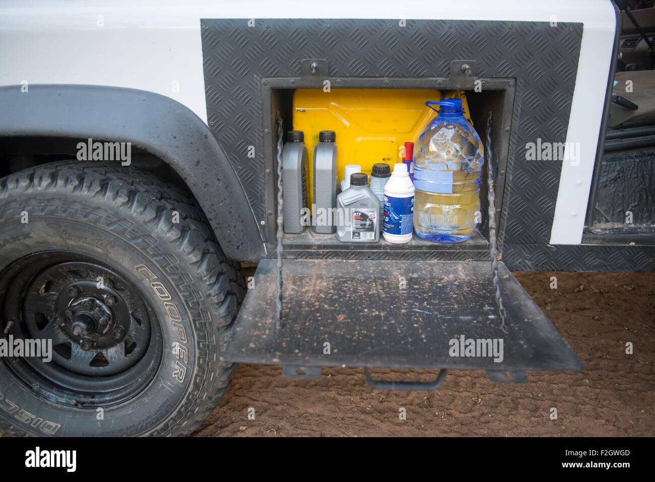 Side locker in a Land Rover in Botswana, Africa Stock Photo - Alamy