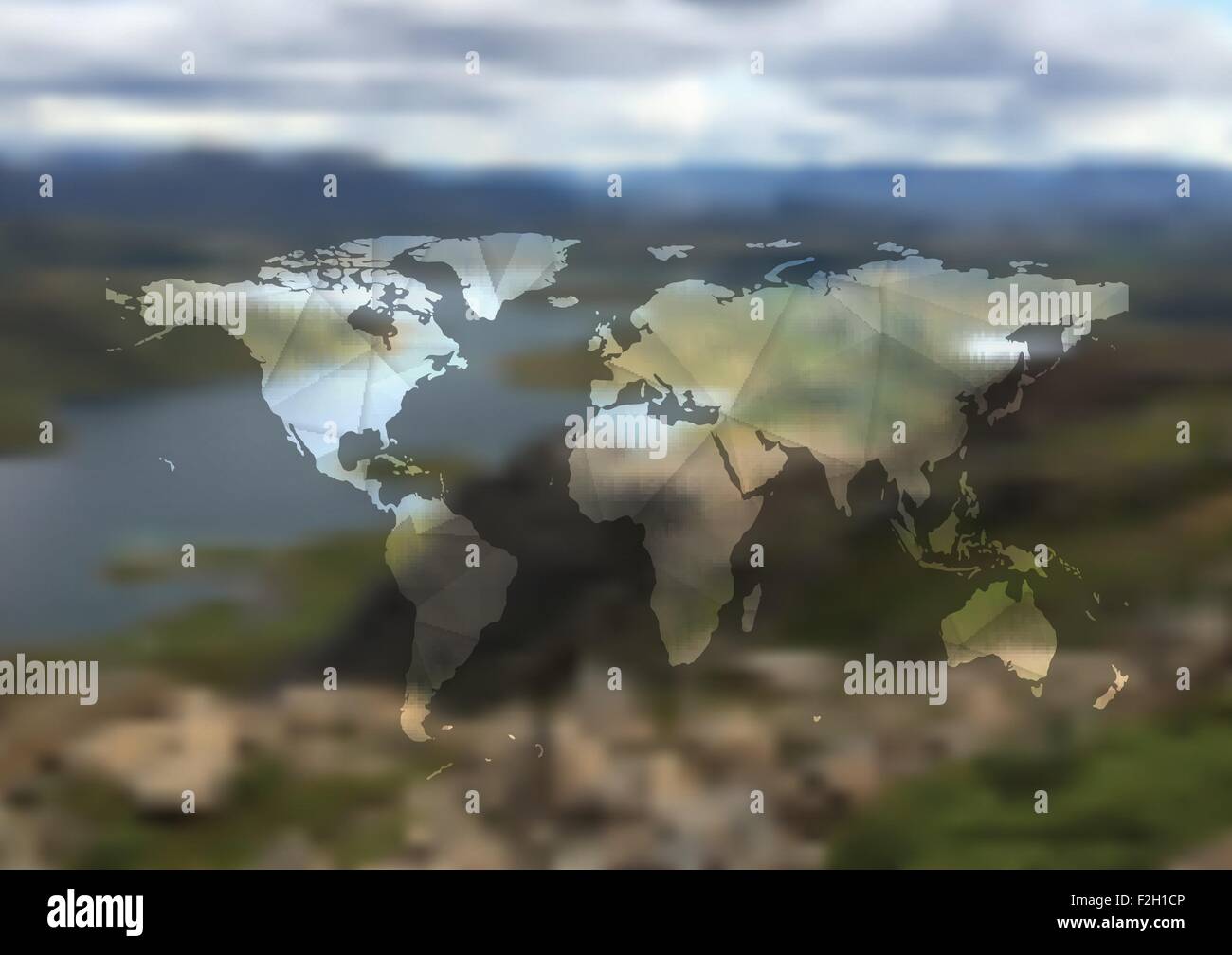 Polygonal world map on blurred landscape background. Vector design ...
