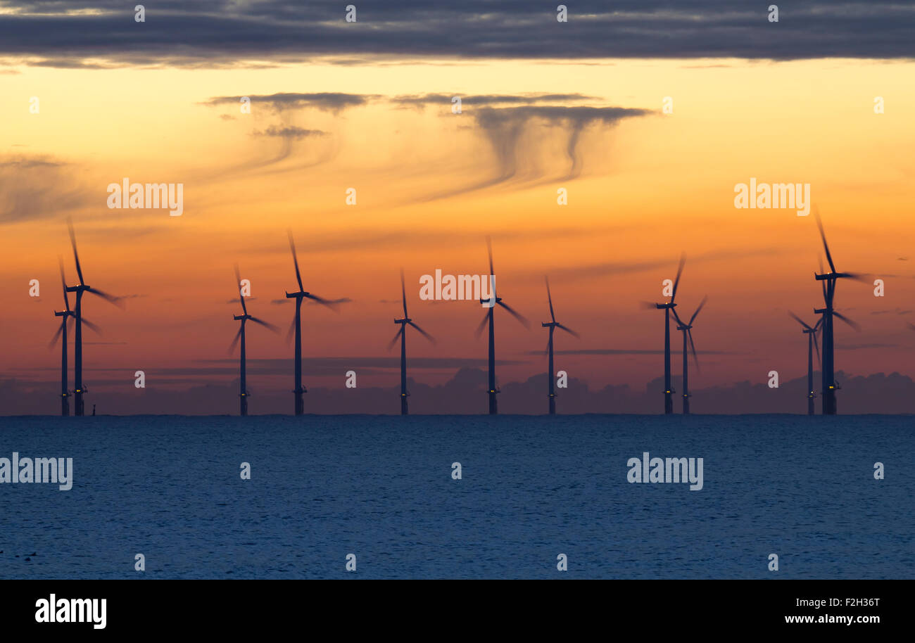 Teesside offshore wind farm on the north east coast at sunrise. England ...