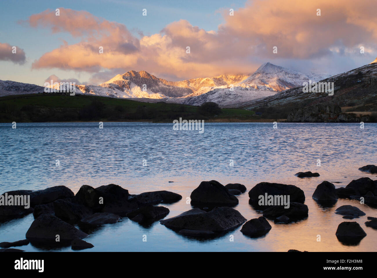 View of the Snowdon Horseshoe in winter conditions from Lynnau Mymbyr ...