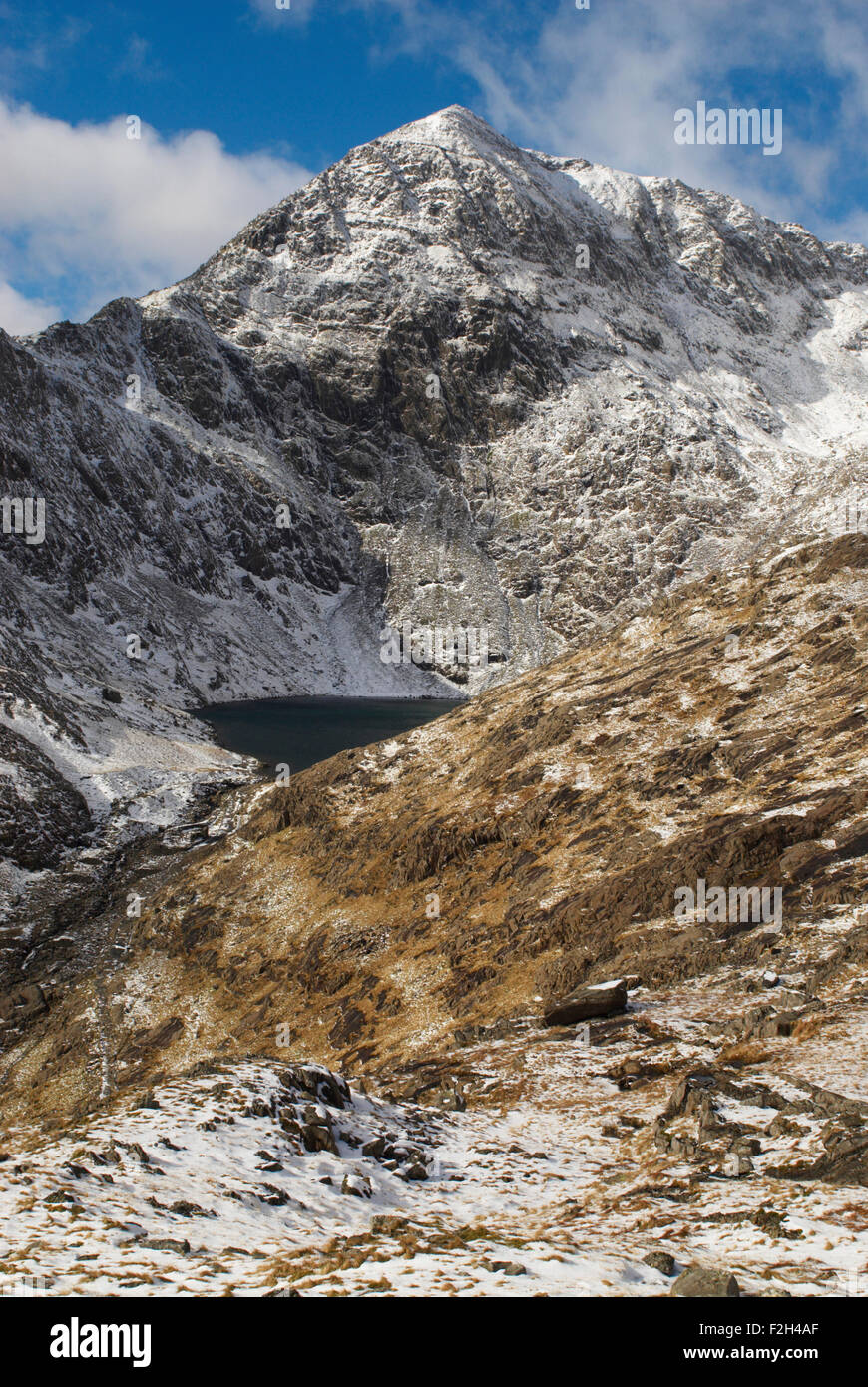 View of the snow covered summit of Snowdon in Snowdonia National Park ...