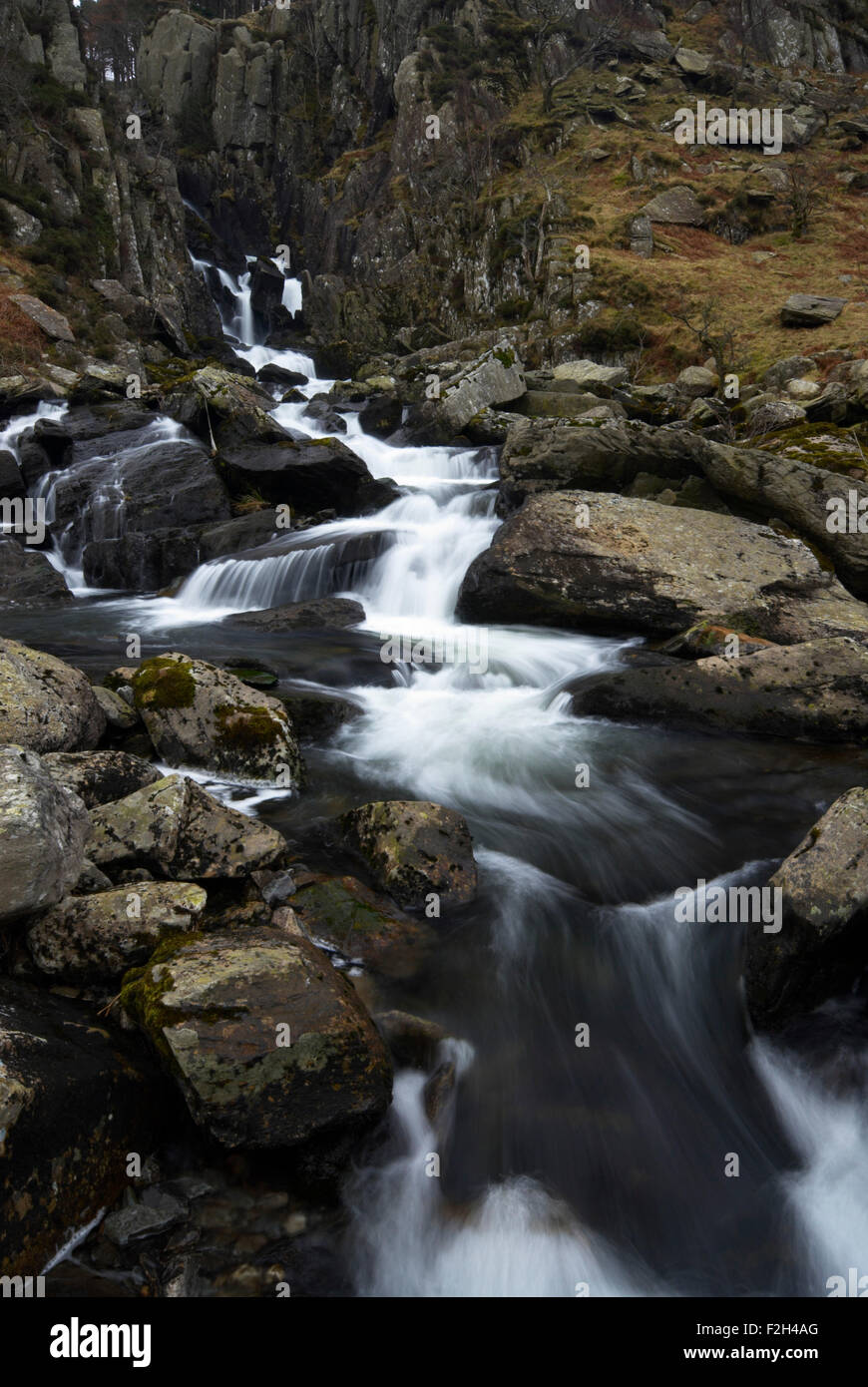 Rhaeadr Ogwen waterfall in the Ogwen Valley in Snowdonia National Park ...