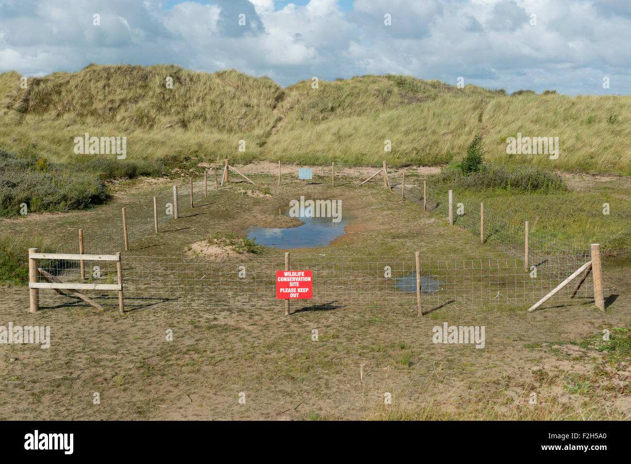 Signage on a fence around a wildlife conservation site at Gronant dunes ...