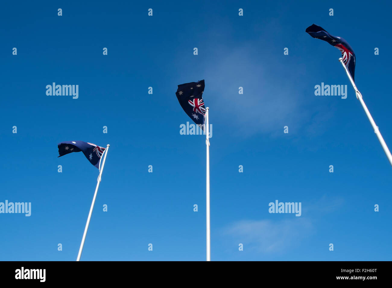 three australian flags flying on white flagpoles outside the canberra ...