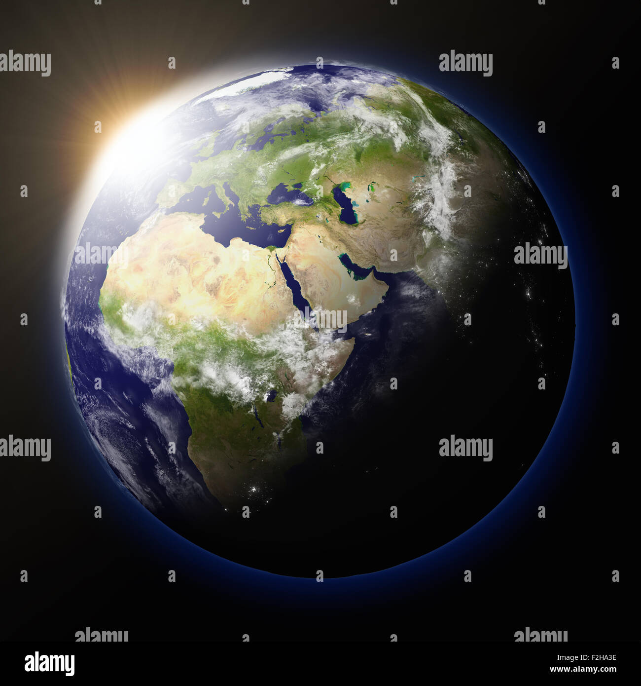 Realistic illustration of sunset over planet Earth as seen from space ...