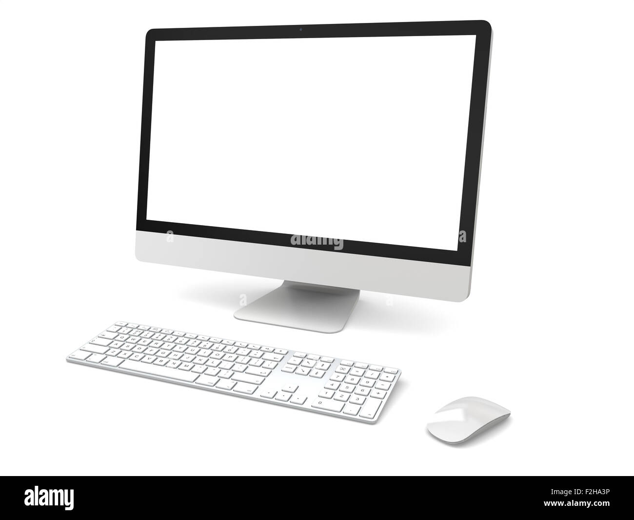 Modern desktop computer with white blank screen isolated on white ...
