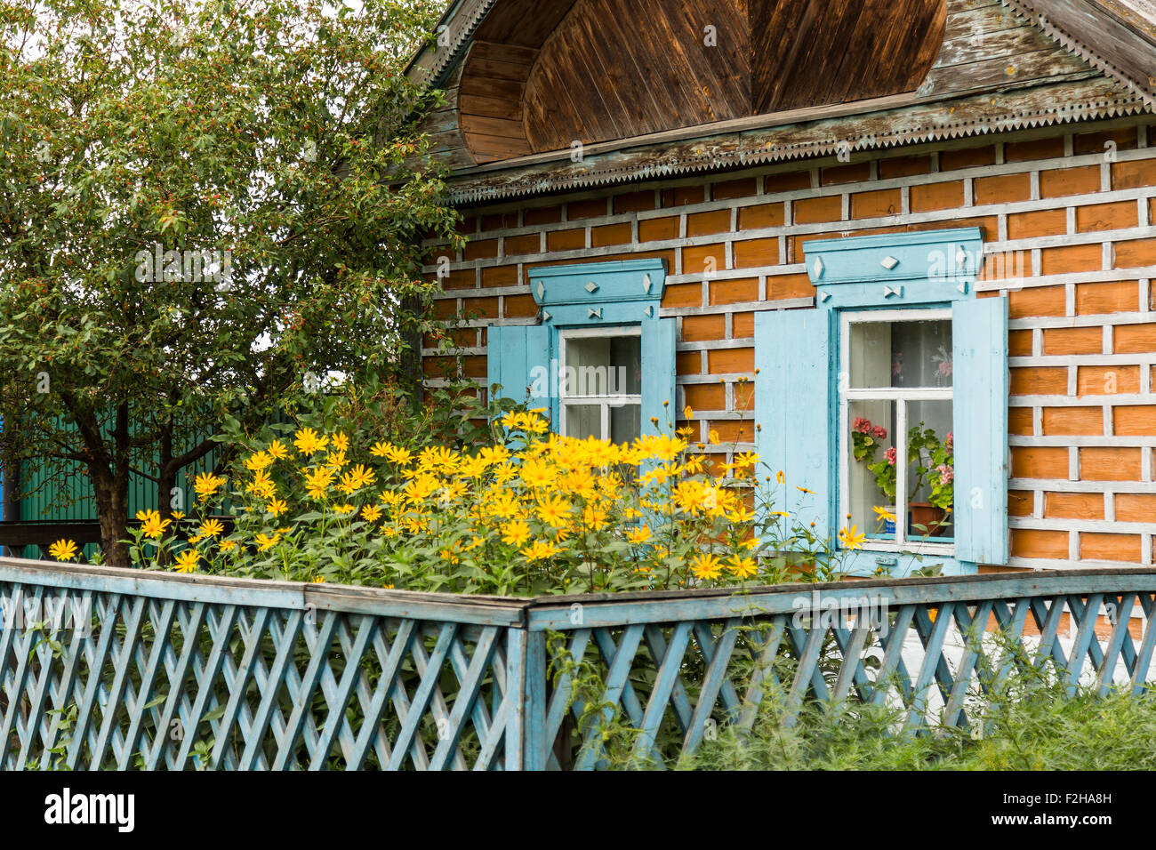 Russian Wooden Brick House Stock Photo - Alamy