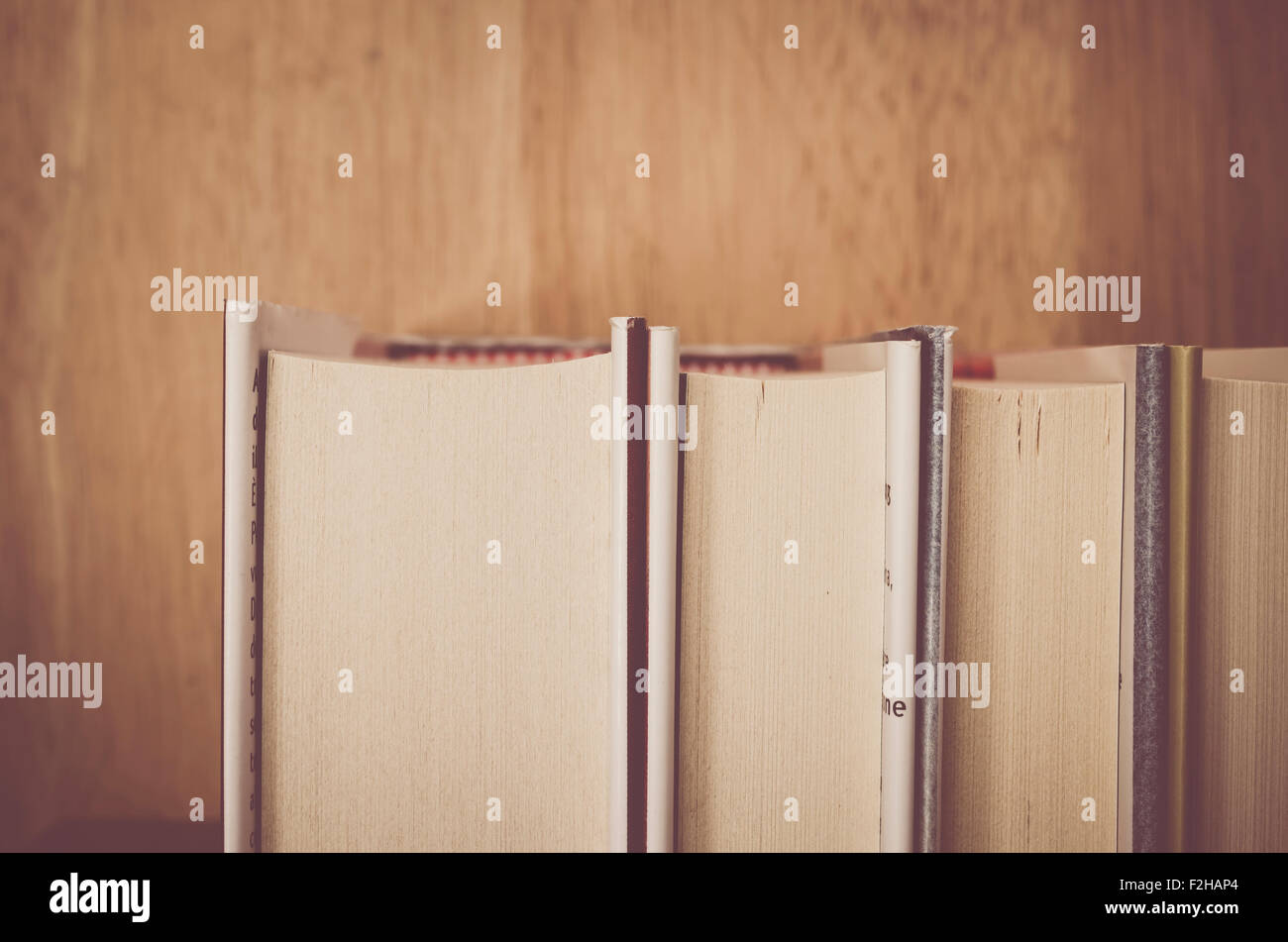 books and manuals lined up on a wooden background - reading and ...