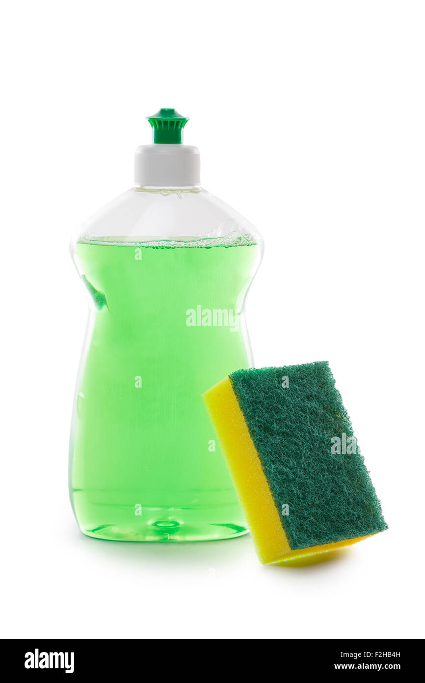 Cleaning liquid and sponge isolated on white backgound Stock Photo - Alamy