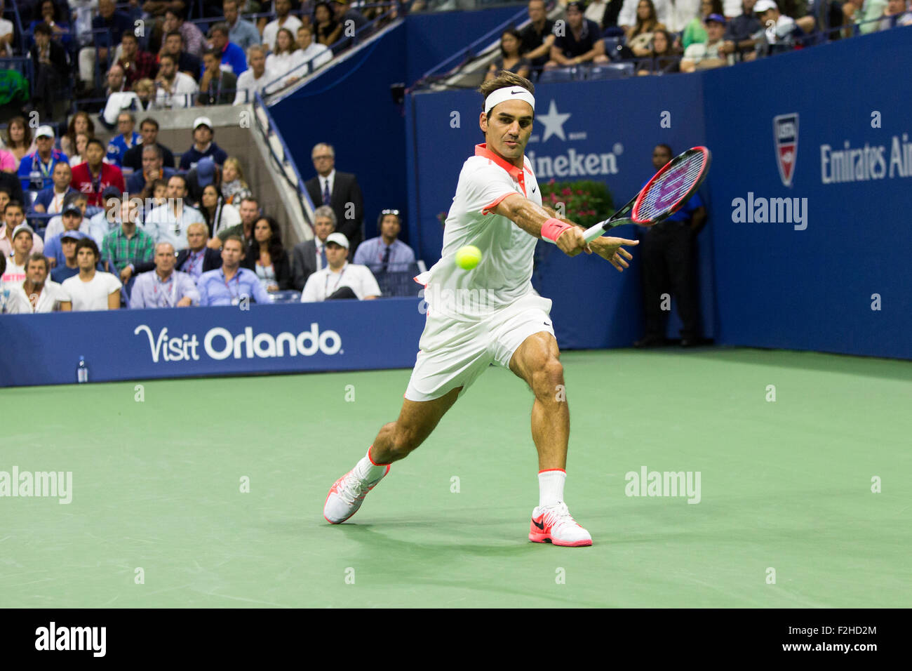 Roger Federer (SUI) competing during the Men's Final at the 2015 US ...