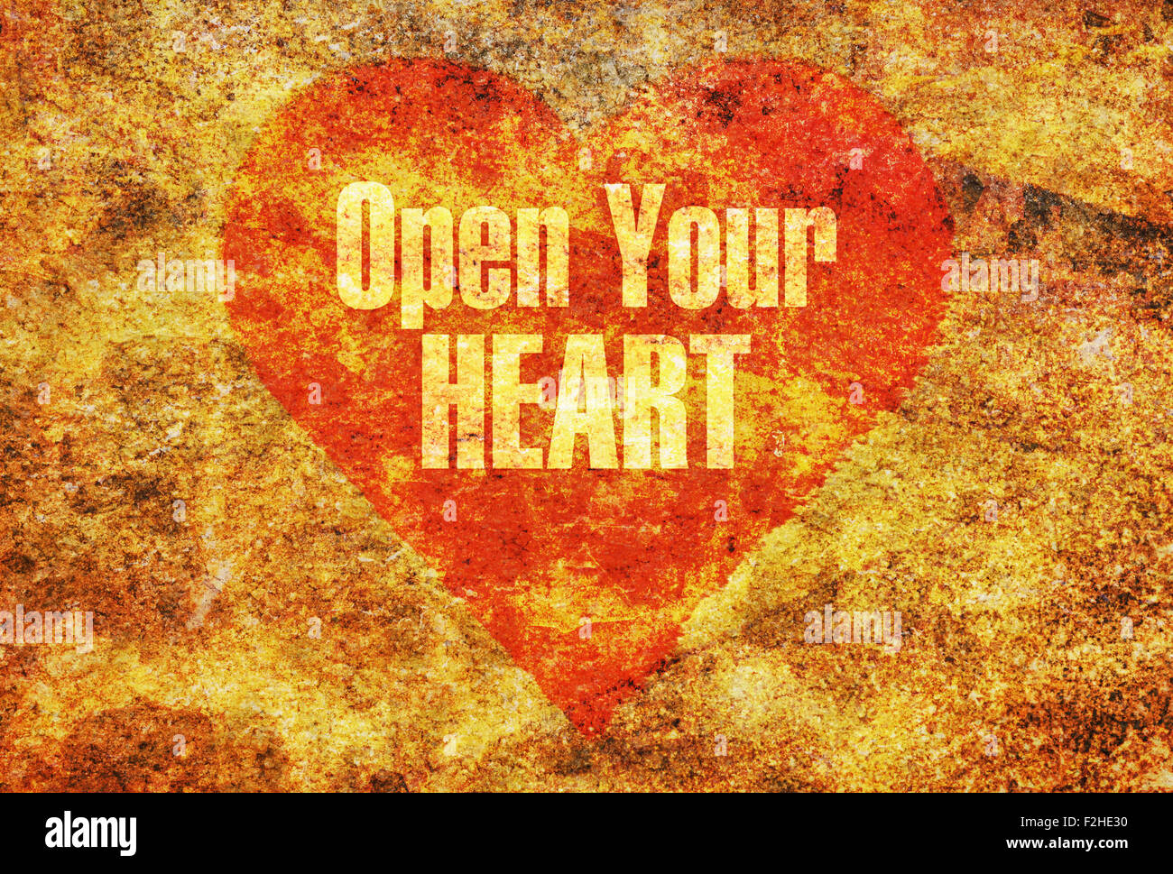 Text message Open Your Heart written with golden letters on a red heart ...