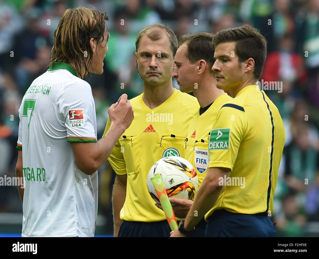 Bremen, Germany. 19th Sep, 2015. Werder's Jannik Vestergaard (l) speaks ...