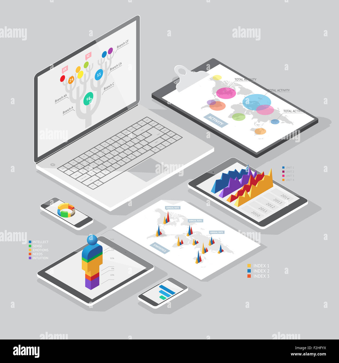 Set of infographics design elements on stationery and computer devices ...