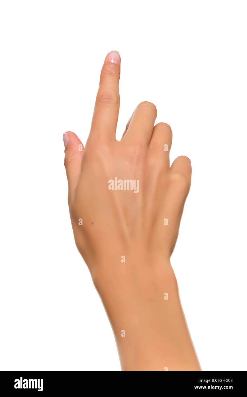 Woman hand pointing up with index finger Stock Photo - Alamy